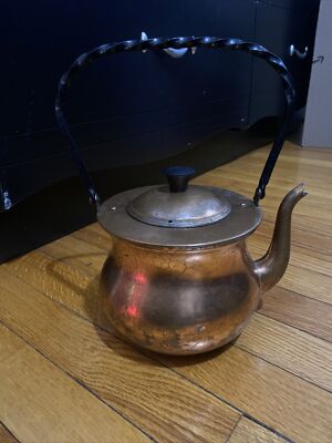 VTG Copper Teapot Copral Portugal Wrought Iron Handle Wood Knob Tea ...