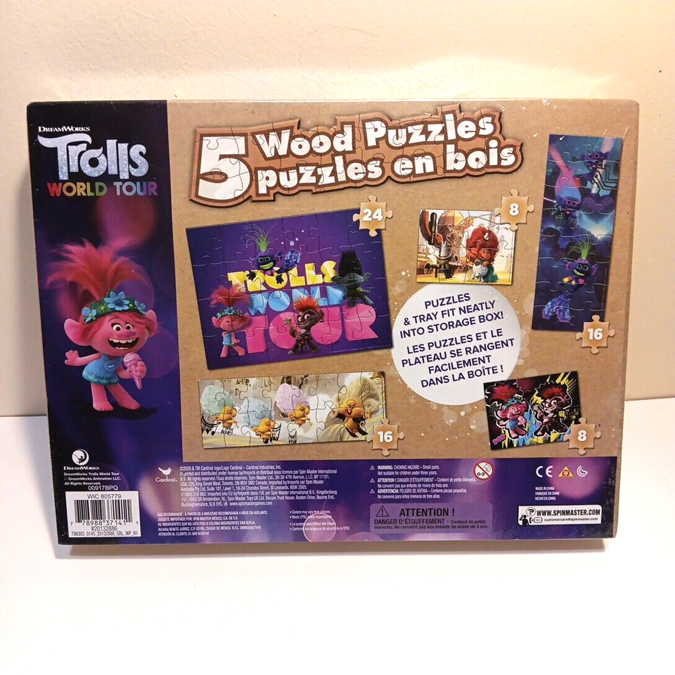 Trolls World Tour 5 Wood Puzzles & Tray Storage Box DREAMWORKS NEW ...
