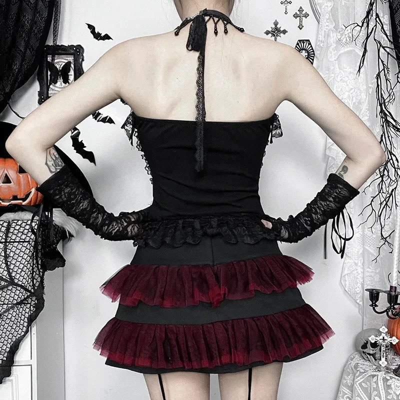 Y2k E-girl Hipster Lace Patchwork Halter Crop Tank Tops Cosplay Clothes ...