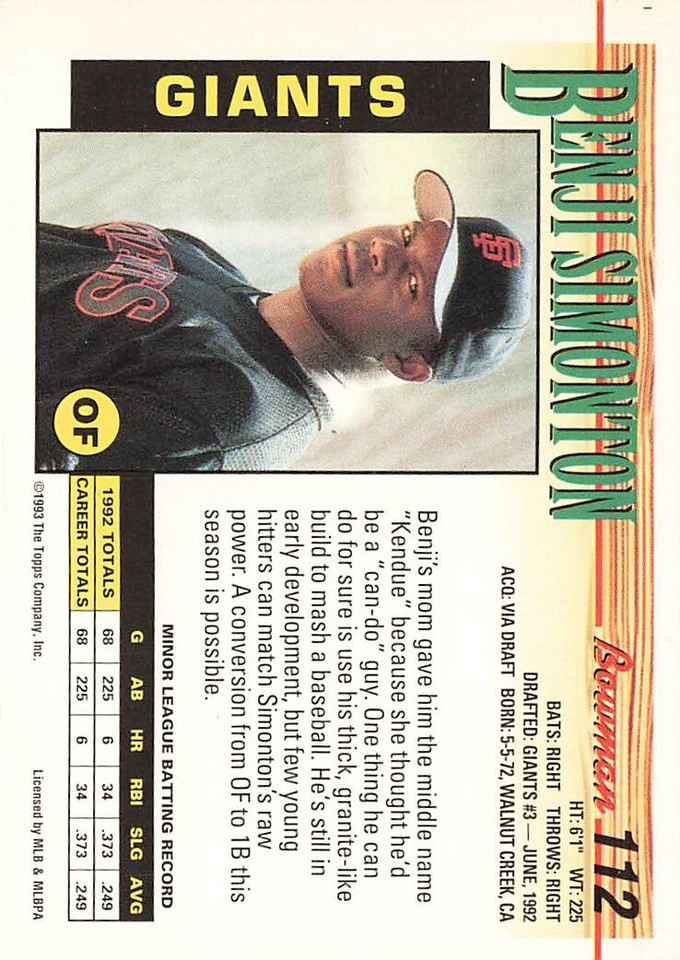 1993 Bowman #112 Benji Simonton San Francisco Giants | eBay
