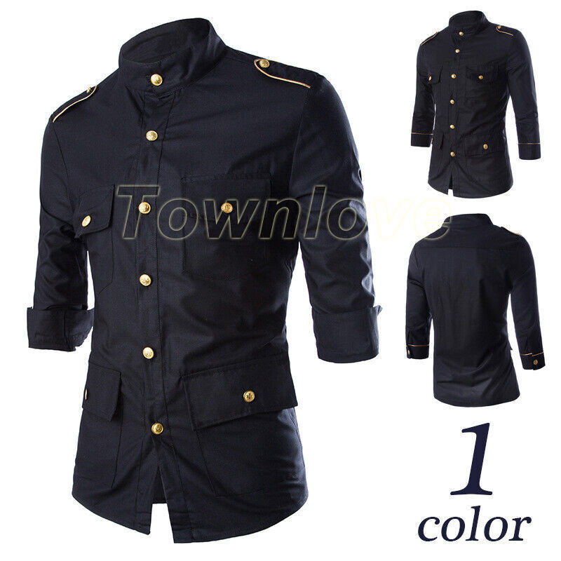 Mens Retro Epaulette Pocket Slim Fit Dress Shirts Casual 3/4 Sleeves ...