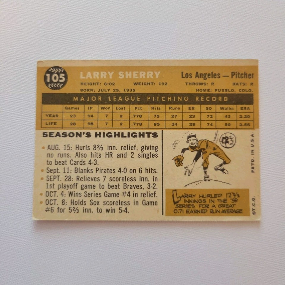 1960 Topps #105 Larry Sherry Los Angeles Dodgers Vintage Card | eBay
