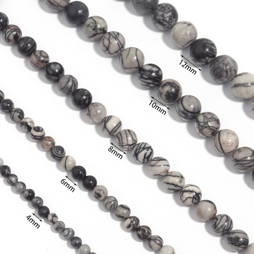 Natural Stone Black Network Round Spacer Beads Jewelry Making 4 6 8 10 ...