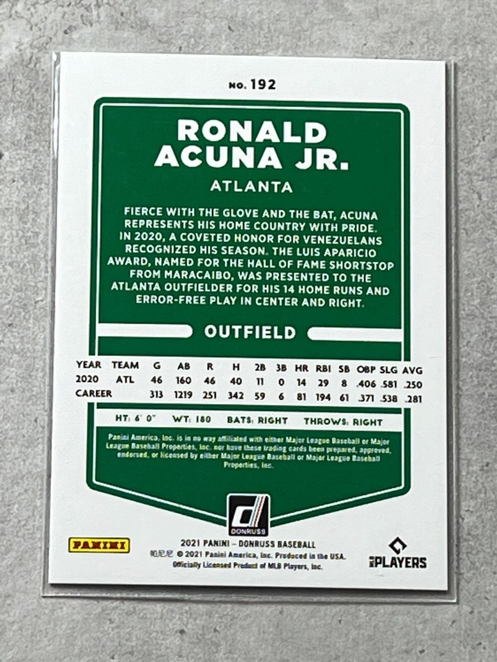 2021 Donruss Ronald Acuna Jr. SP Red Stripe Refractor /2021 #192 ...