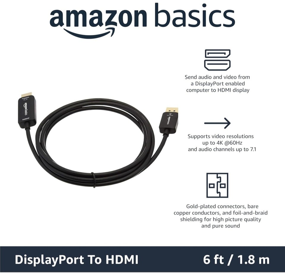 Amazon Basics DisplayPort to HDMI Cable, 4K@30Hz, 1080p, 6 ft, Black ...