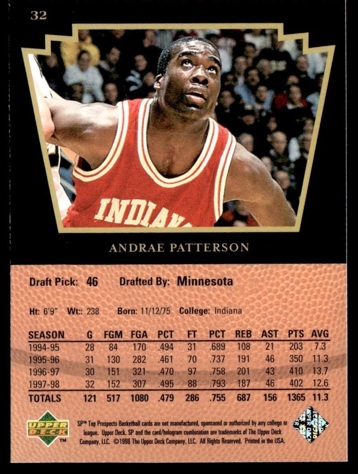 1998-99 SP Top Prospects Andrae Patterson Rookie Indiana Hoosiers ...