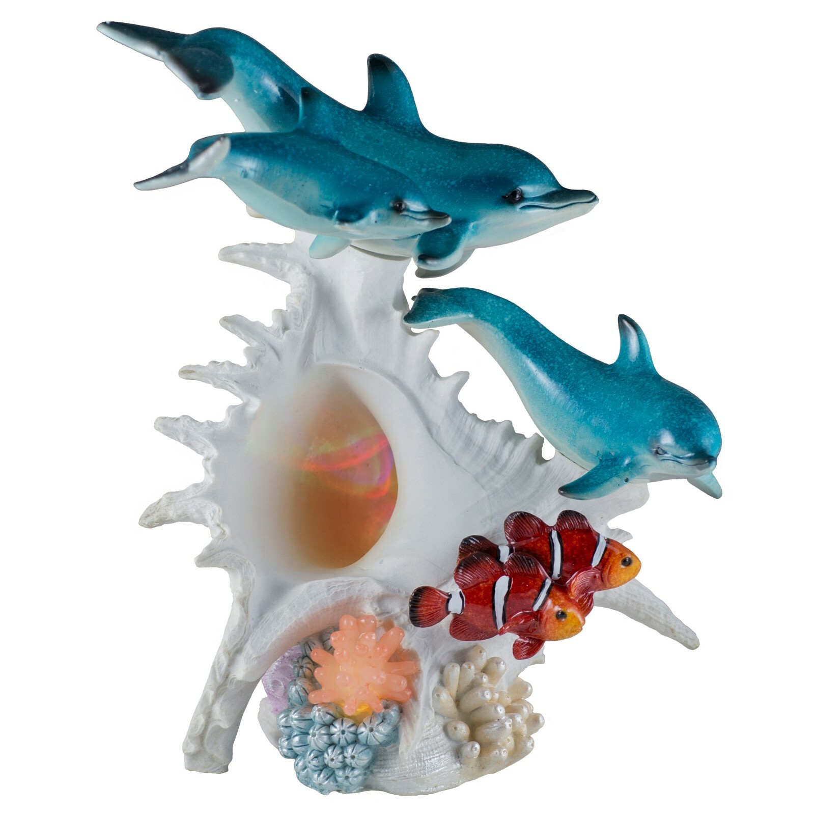 Blue Dolphins & Clown Fish Swimming Over LED Conch Shell Figurine ...