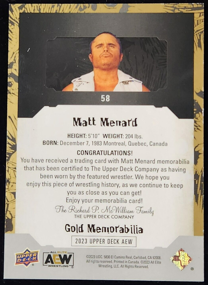 MATT MENARD #58 2023 Upper Deck AEW GOLD MEMORABILIA 3CL SHIRT RELIC | eBay