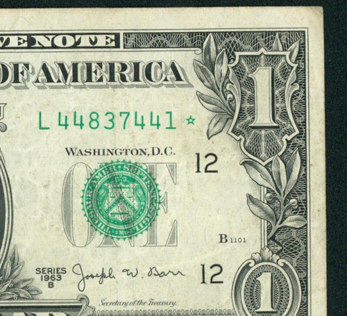 ** STAR ** $1 1963 ((JOSEPH BARR)) Federal Reserve Note ** PAPER ...
