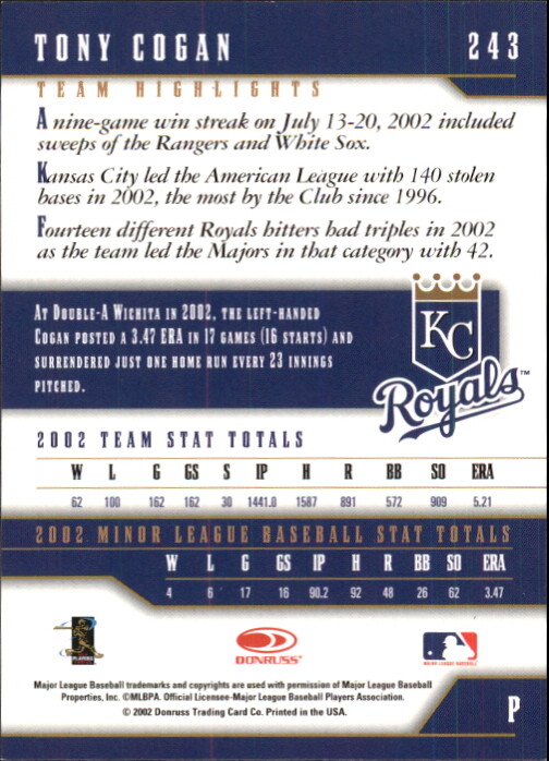 2003 Donruss Team Heroes Stat Line #243 Tony Cogan /62 - NM-MT | eBay