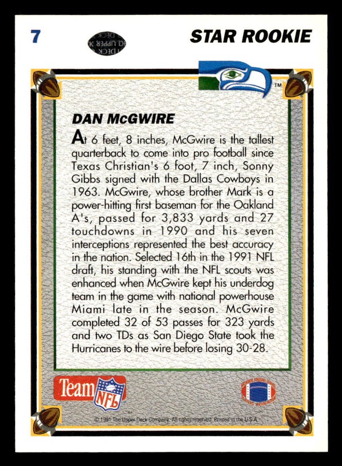 Dan McGwire 1991 Upper Deck Rookie Card #7 Seattle Seahawks | eBay