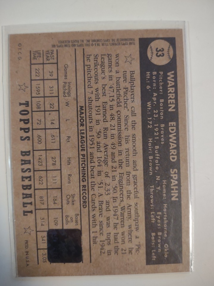 2001 Topps Team Topps Legends Warren Spahn Autograph Auto #33 Braves ...