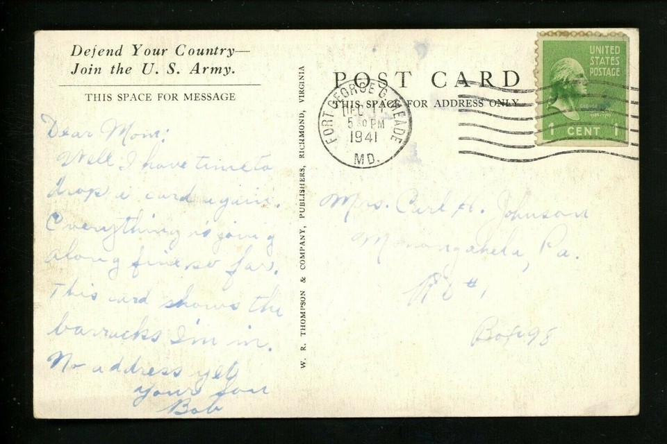 Military Base postcard Fort George G. Meade, Maryland MD Barrack Room ...