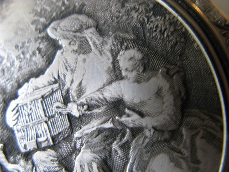 Antique Vintage Silver ENGLAND Lithograph Couple Maiden Dog STRATTON ...