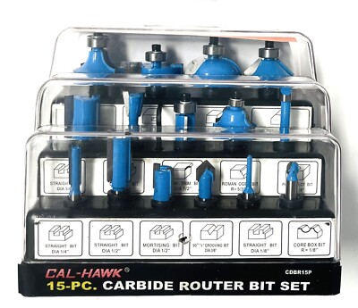 15-Pc Tungsten Carbide Router Bit Set for Woodworking 1/4” Shank ...