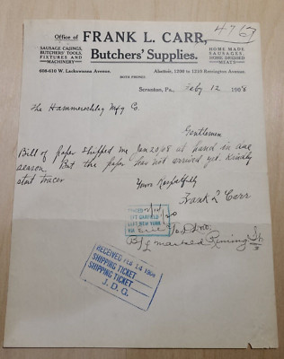 1908 Antique Document, Frank L. Carr Butchers Supplies, Scranton PA ...