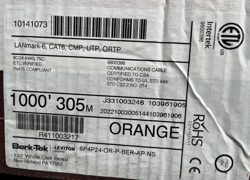 Berk-Tek LANmark-6, Cat6 Plenum CMP, UTP, Data Cable, 1000 ft, ORANGE ...