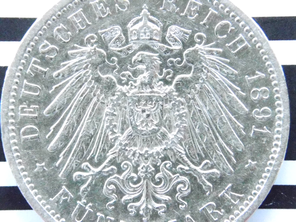 GERMAN 5 Mark 1891 A PRUSSIA EMPIRE KAISER WILHELM II. 90% Silver Coin ...