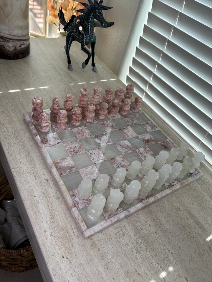 Onyx Chess Set Pink White 32 Pieces Board 13.75" Handmade Marble Chess ...