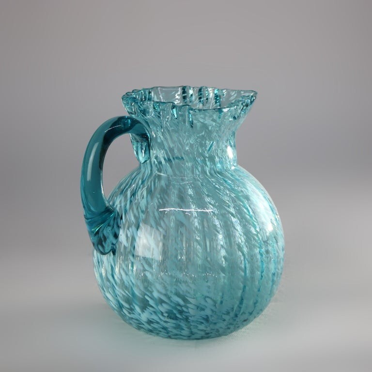 Aqua & Opalescent Splatterware Art Glass Juice Pitcher with Ruffled Rim ...