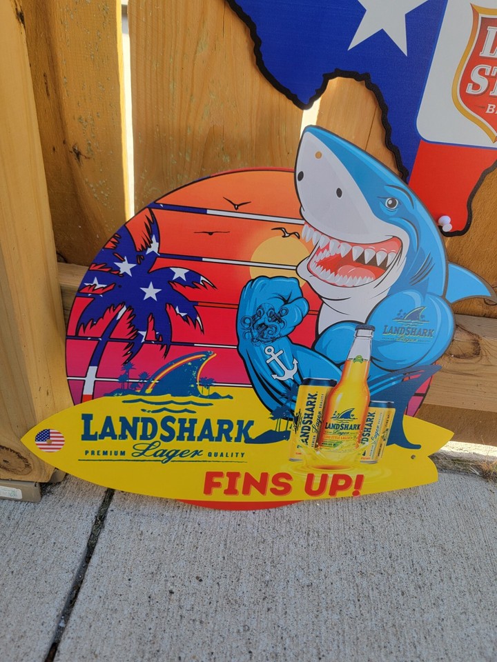 LANDSHARK SURFBOARD Fins Up Metal Sign 14" x 16" Mancave Bar Pub Décor ...