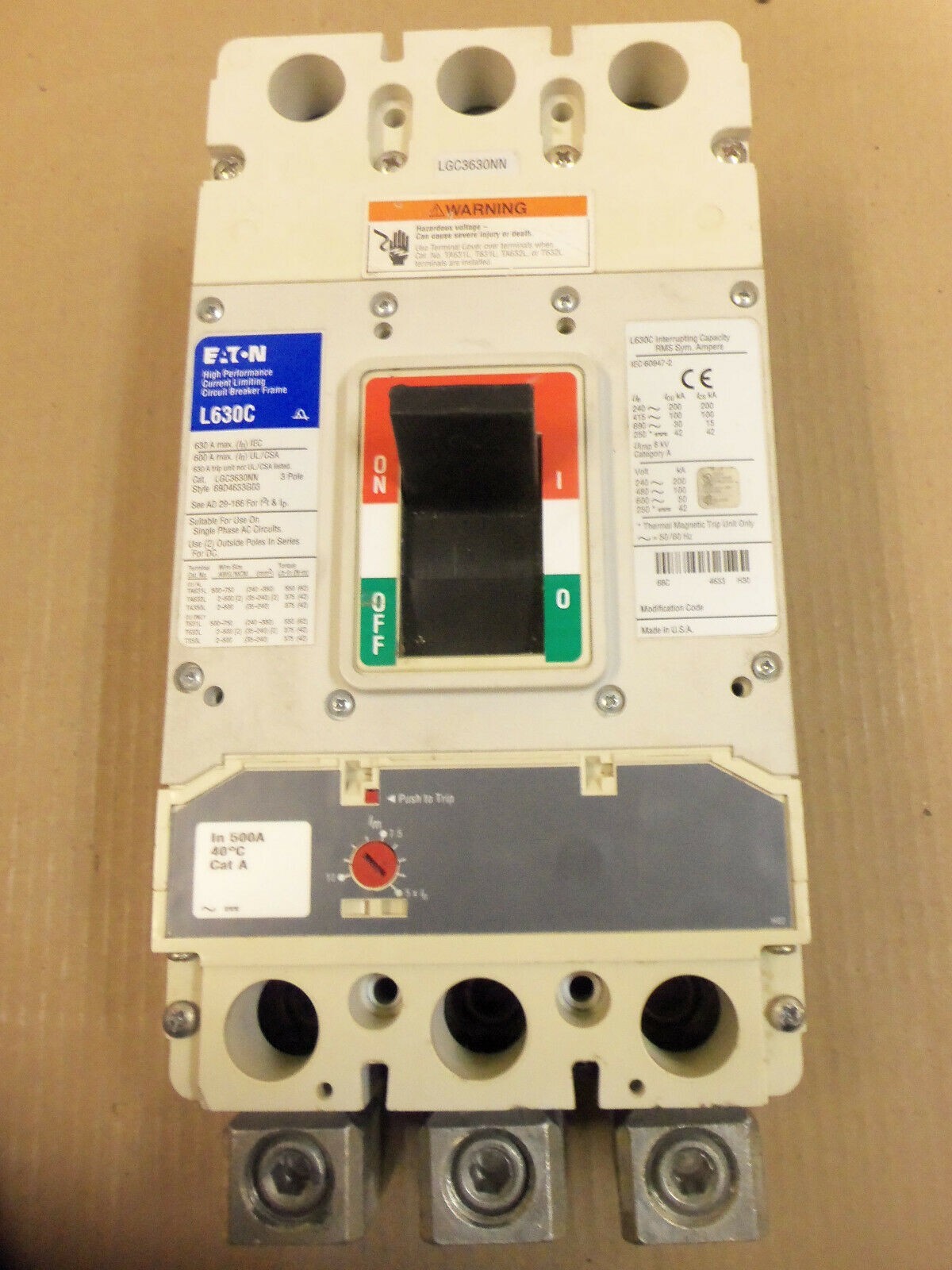 EATON Cutler Hammer LGC LGC3630NN 3 Pole 500 Amp Trip 600V Circuit ...