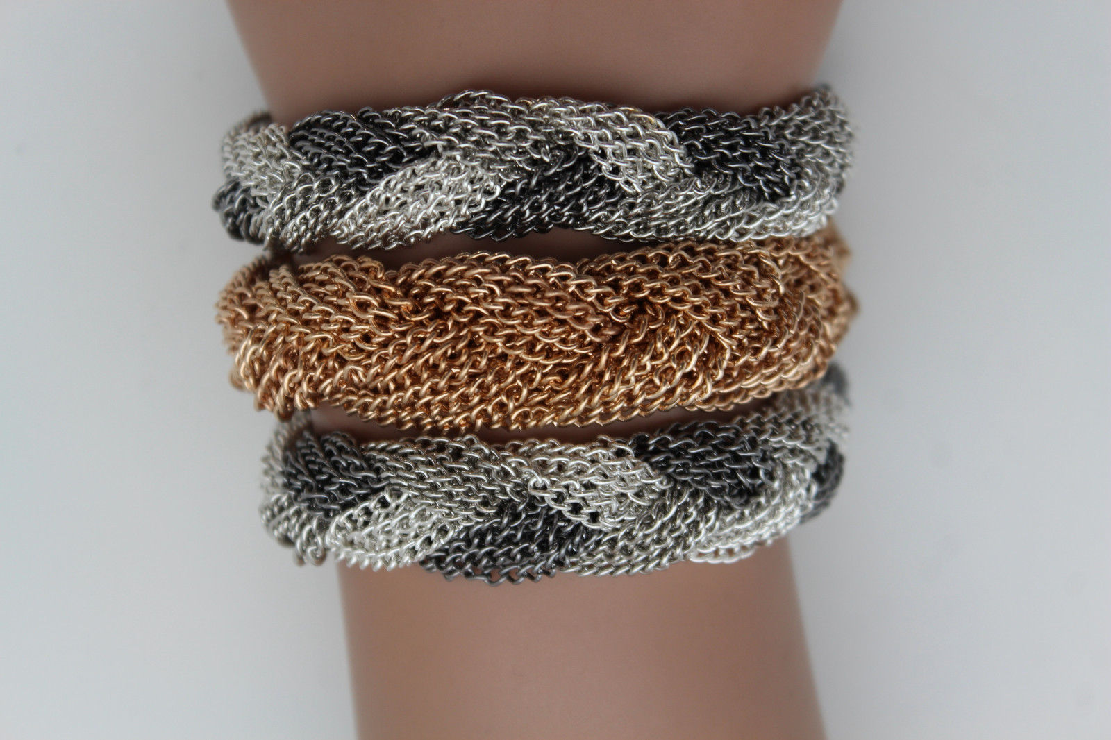 Women Gold Silver Braided Metal Chain Bracelet Fashion Jewelry 3 Tone ...