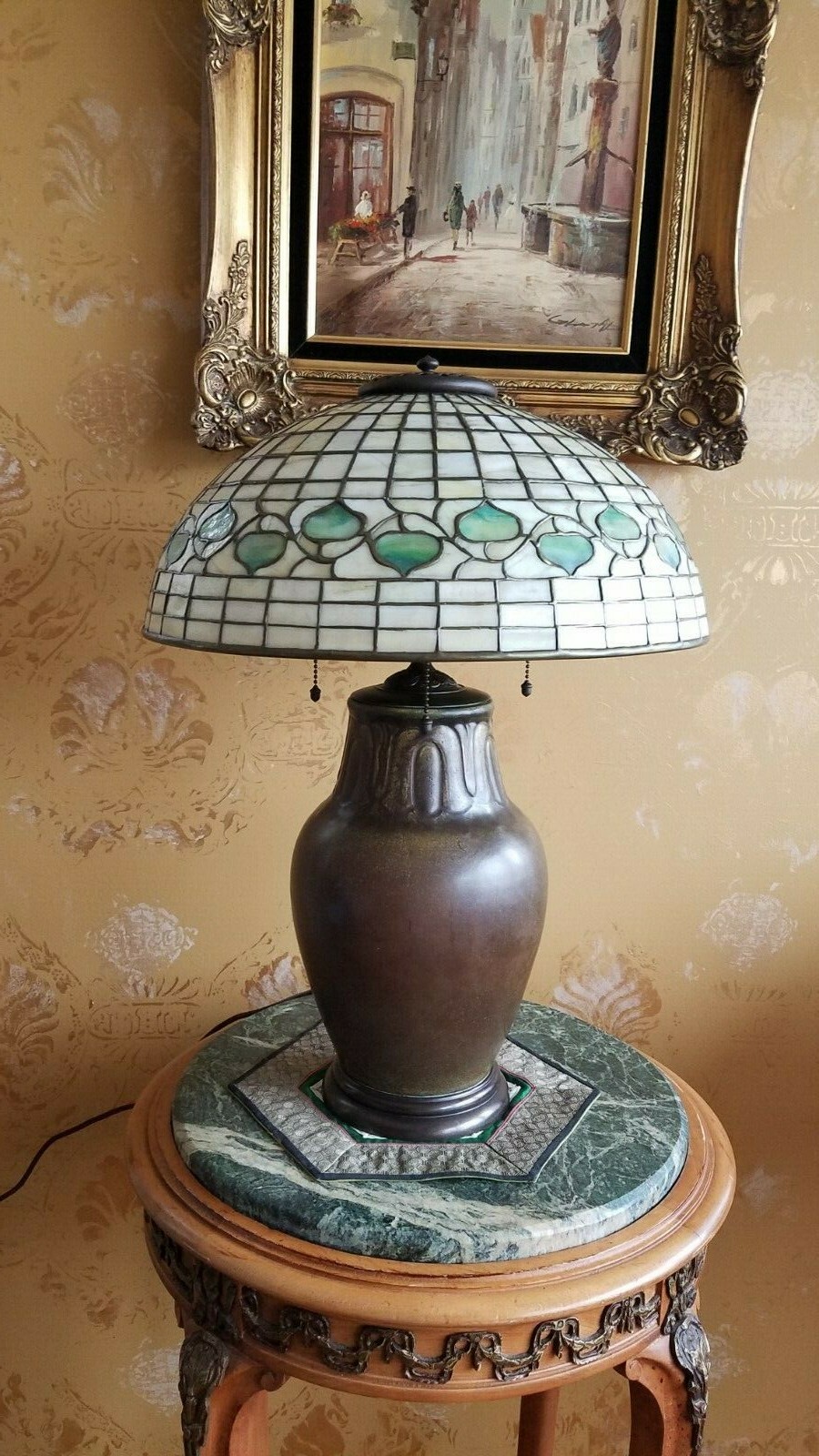 Tiffany Studios Leaded Slag Glass Acorn Shade, Rookwood Pottery Lamp ...