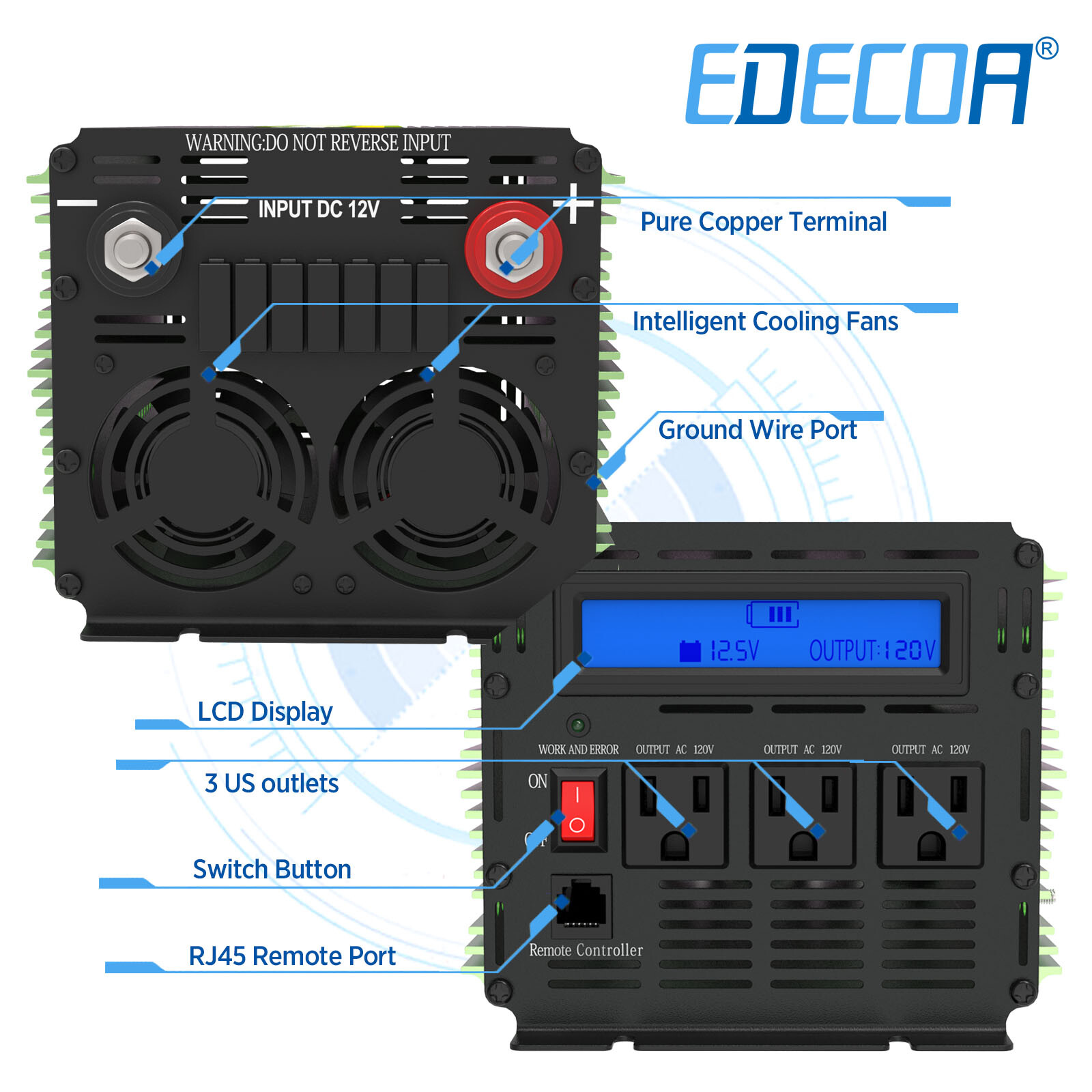EDECOA 2000W/3000W Solar Inverter DC 12V to AC 110V 120V Converter ...