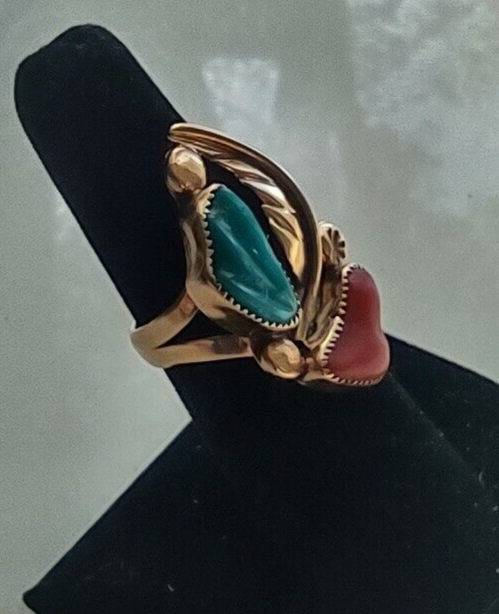 Vintage Ben Eustace Sterling Silver Carved Turquoise, Coral Leaf Ring ...