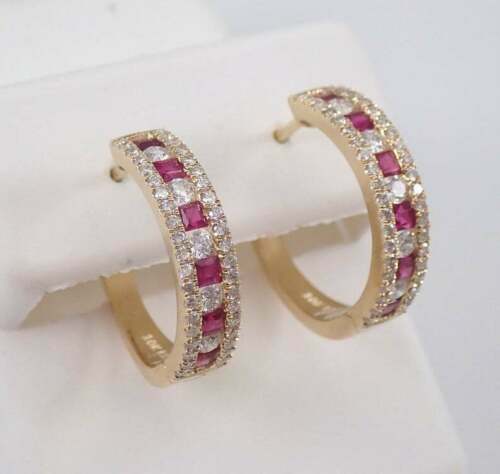 2Ct Princess Cut Lab Created Ruby Studded Hoop Earrings 14k Yellow Gold ...