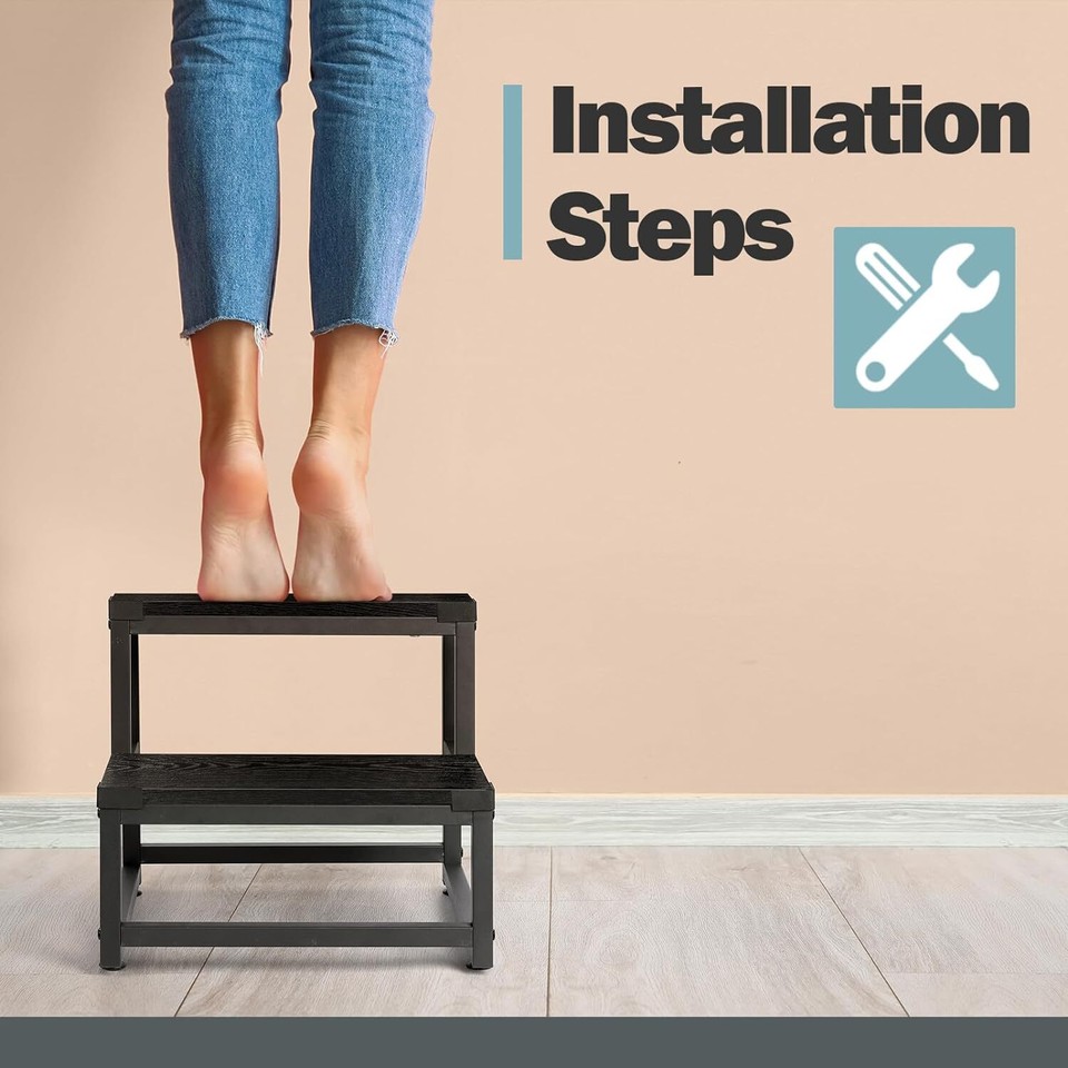 2 Tier Step Stools for Adults Kids, Heavy Duty Steel & Sturdy Wide ...