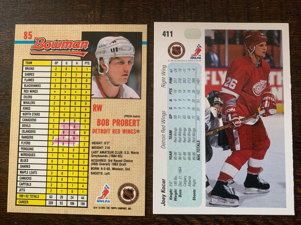 91/92 Bowman Red Wings Bob Probert Joey Kocur Bruise Brothers Upper ...