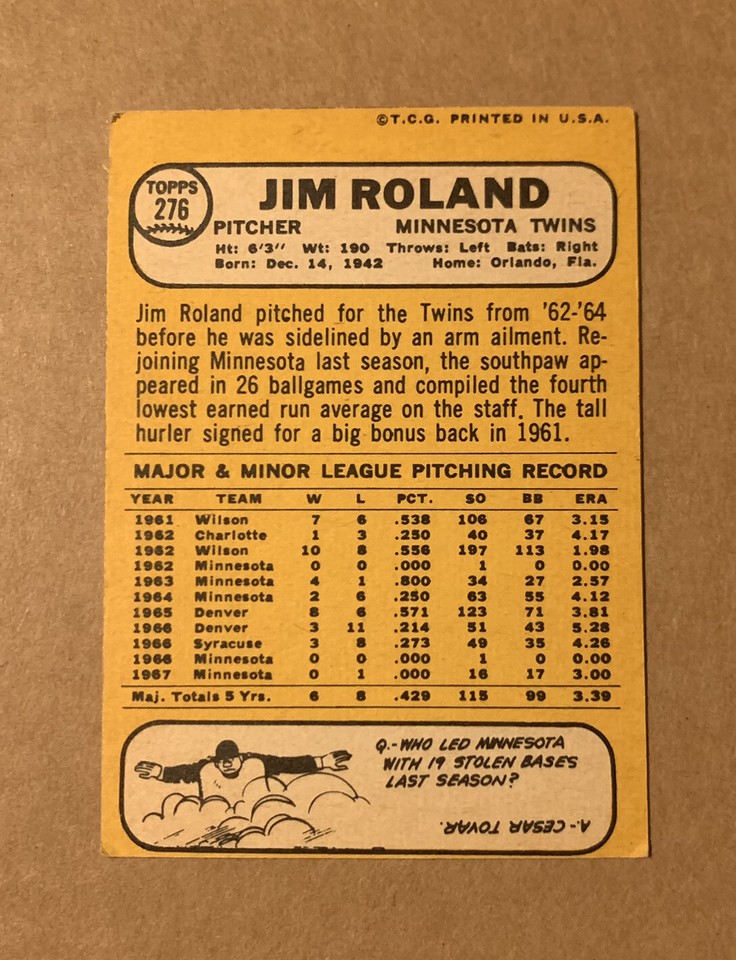 1968 Jim Roland # 276 Minnesota Twins Topps Baseball Card Miscut ...