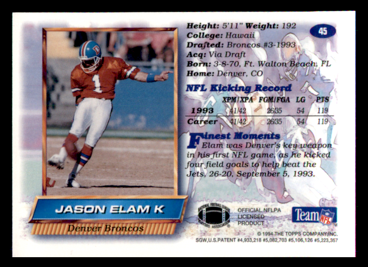 1994 Finest Jason Elam #45 Denver Broncos | eBay