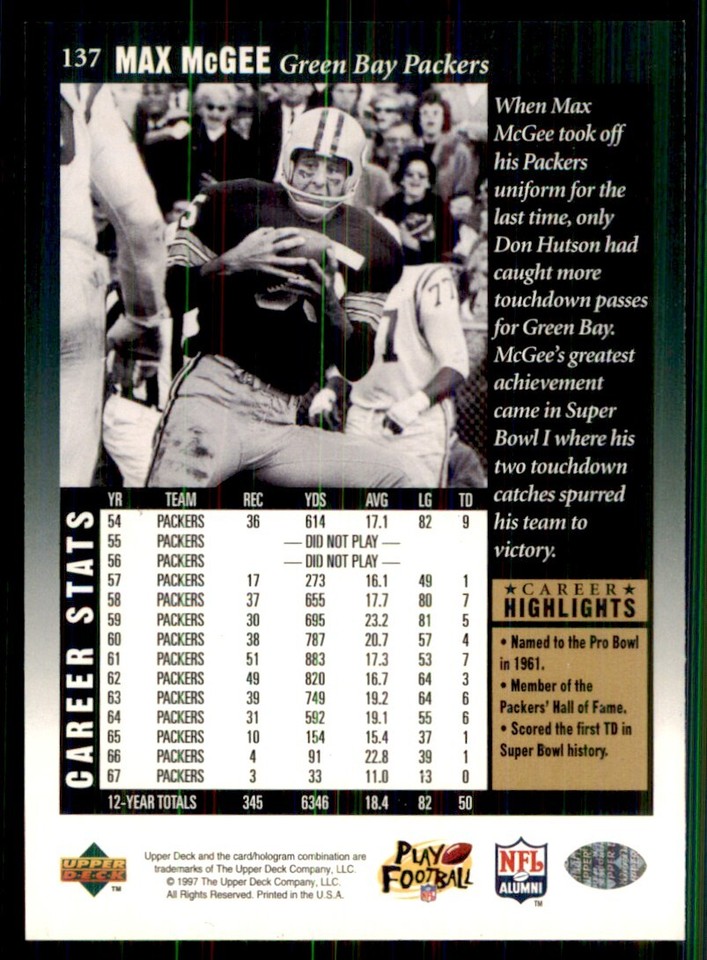 1997 Upper Deck Legends Max McGee Green Bay Packers #137 | eBay