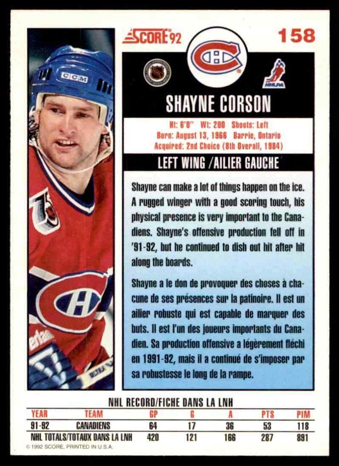 1992-93 Score Canadian Shayne Corson #158 | eBay