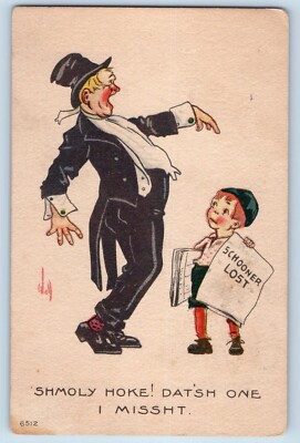 Wall Signed Artist Postcard Drunk Man Laughing Boy With Newspaper c1910 ...
