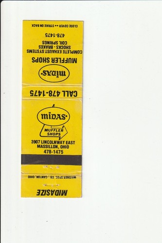 MIDAS MUFFLER SHOPS MASSILLON OHIO VINTAGE MATCHBOOK COVER | eBay