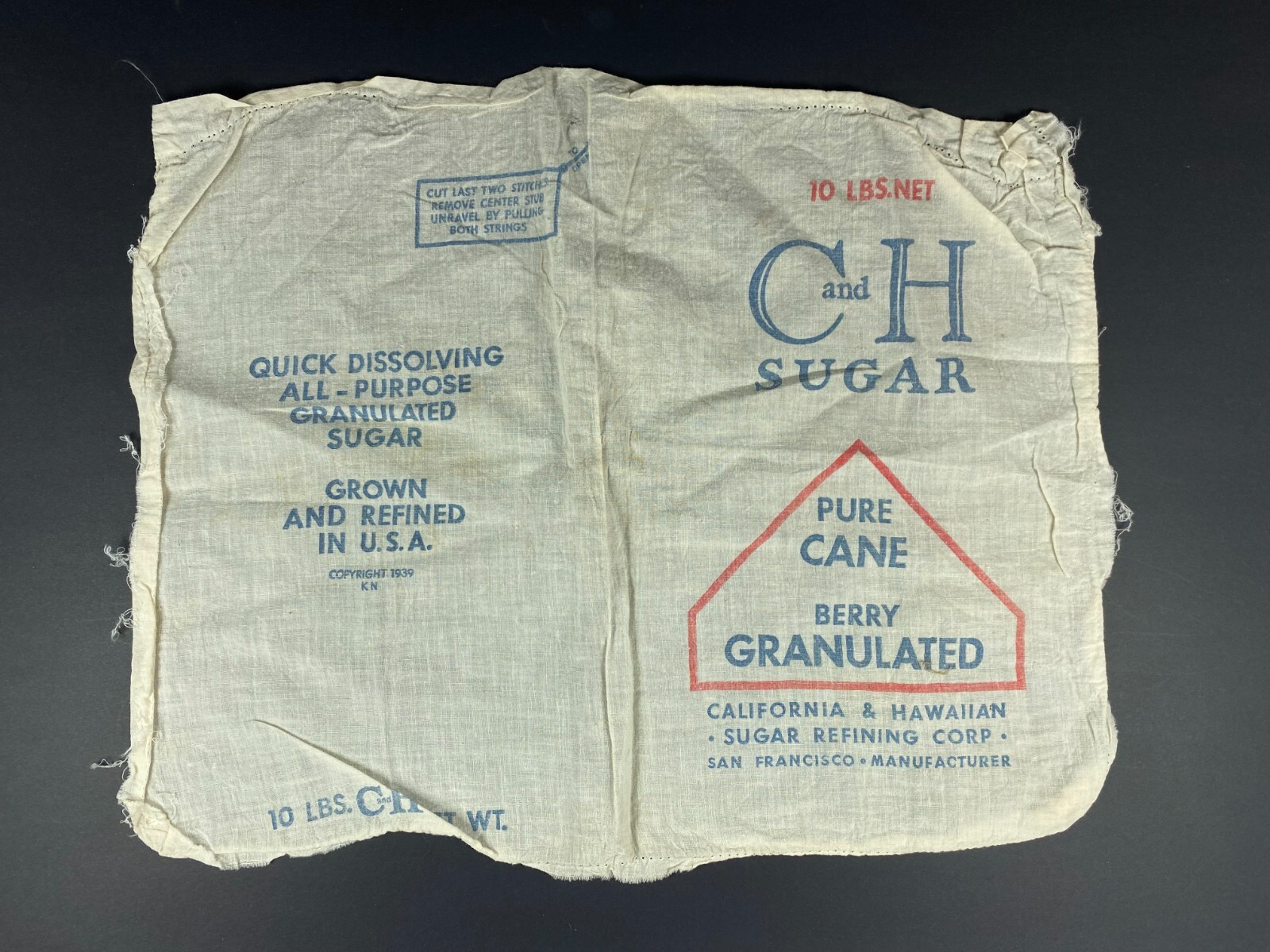 1939 10lb C & H Sugar Sack - California & Hawaiian Sugar Refining Corp ...
