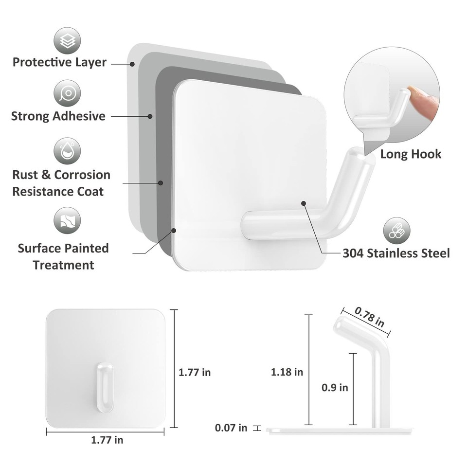 Adhesive Hooks White Self Adhesive Wall Hooks Heavy Duty Stainless ...