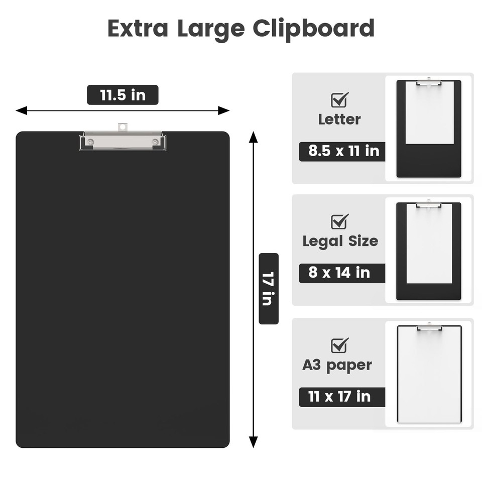 Extra Large 11x17 Clipboards, Plastic Black Drawing Boards, Horizontal ...