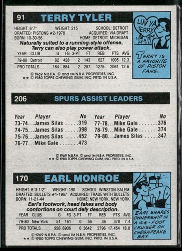 1980-81 Topps #91 / 170 / 206a Earl Monroe / James Silas / Terry Tyler ...
