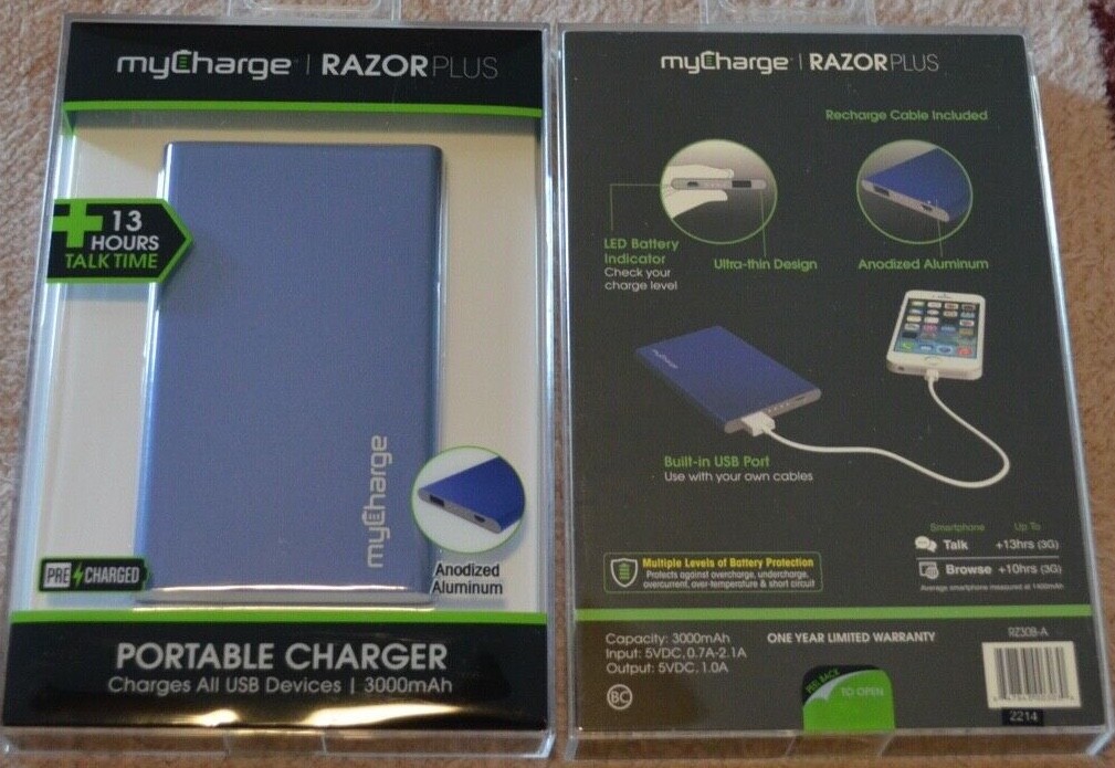 New ~ myCharge RAZOR PLUS 3000mAh {BLUE} PORTABLE CHARGER Slim +13hrs ...