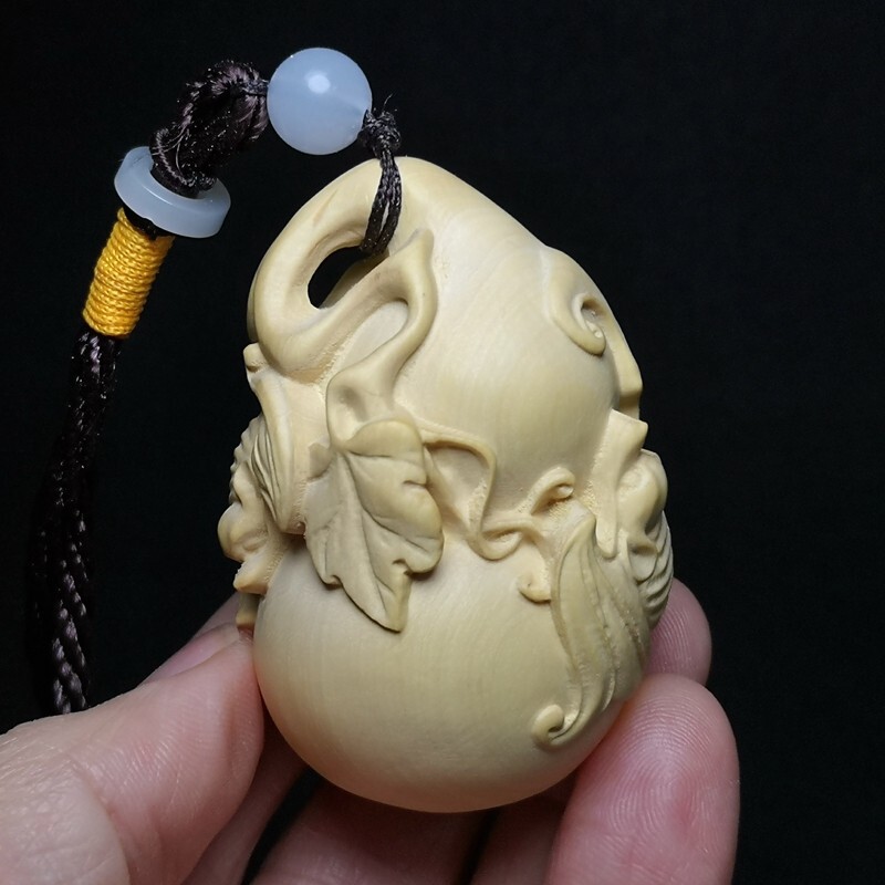 2.4 Inch Chinese Boxwood Wood Hand Carved Bat Gourd Statue Netsuke ...