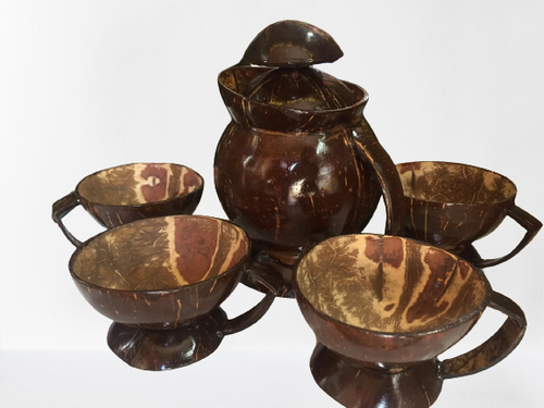 Home made Coconut shell tea cup set with 5 cups and a Tea pot | eBay