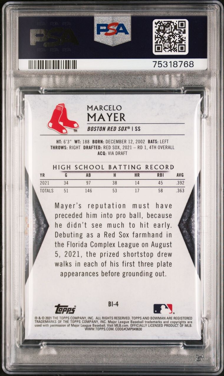 Marcelo Mayer 2021 Bowman Draft Chrome Invicta Auto PSA Autograph 10 ...