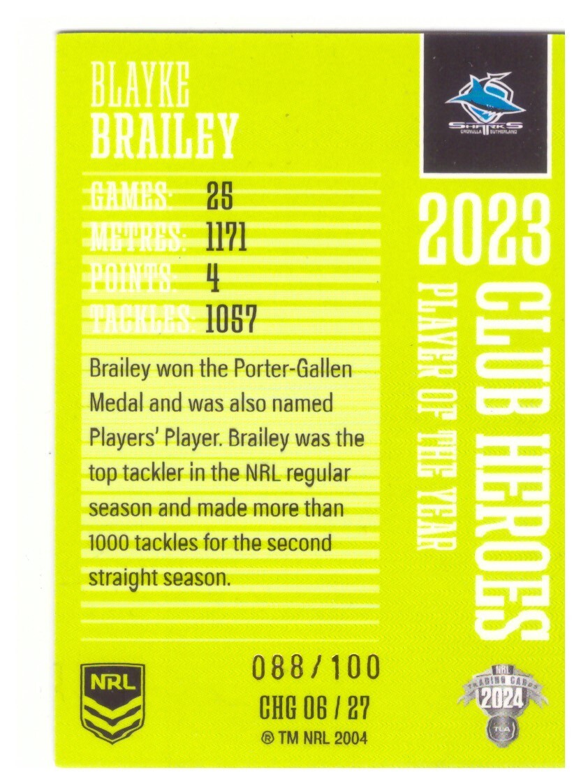 2024 NRL Traders CLUB HEROES PARALLEL - Blayke Brailey Green #088/100 ...