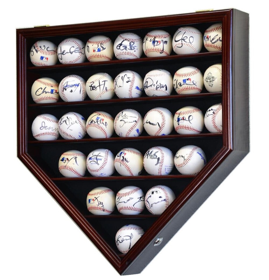 Baseball Display Case 30 Walnut Wood MLB Autograph Ball Rack Holder ...
