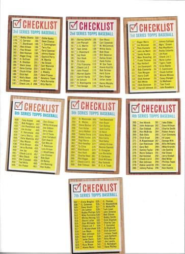1962 Topps Checklist set - 22 (ERR), 98, 192 (GT), 277, 367, 441 (VerB ...